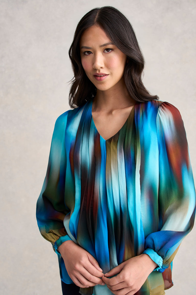 Pleated Georgette Blouse - Ombre Print – Blue Illusion