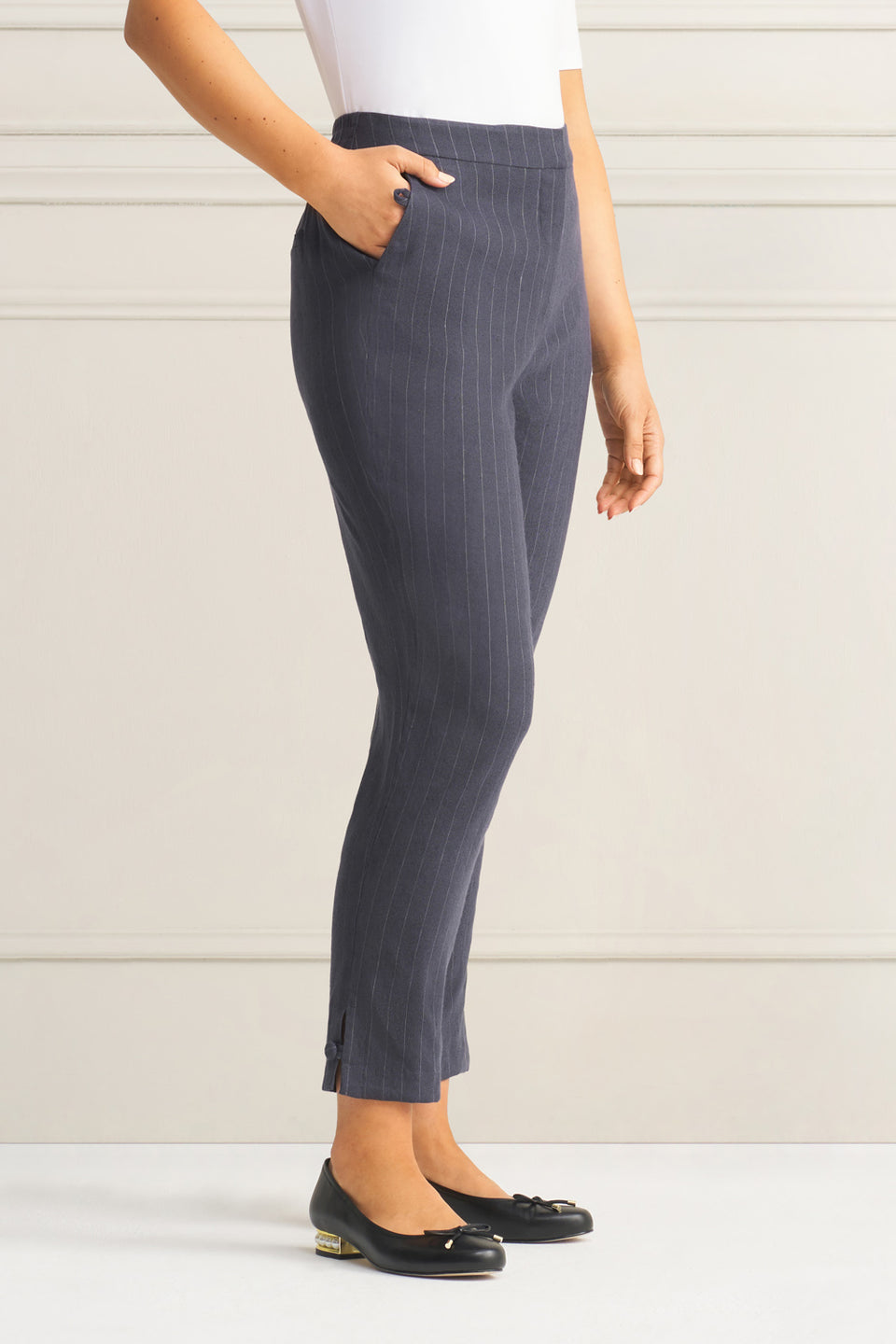 Tab Detail Linen Pant - Charcoal Pinstripe – Blue Illusion
