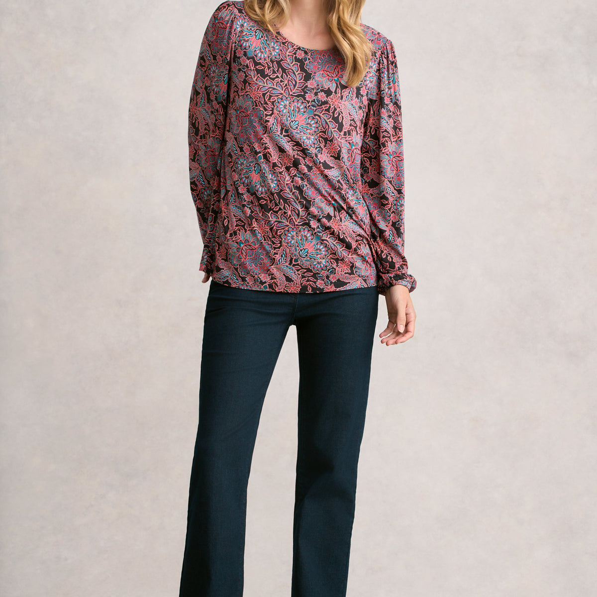 Printed Long Sleeve Scoop Neck Top - Intricate Floral – Blue Illusion