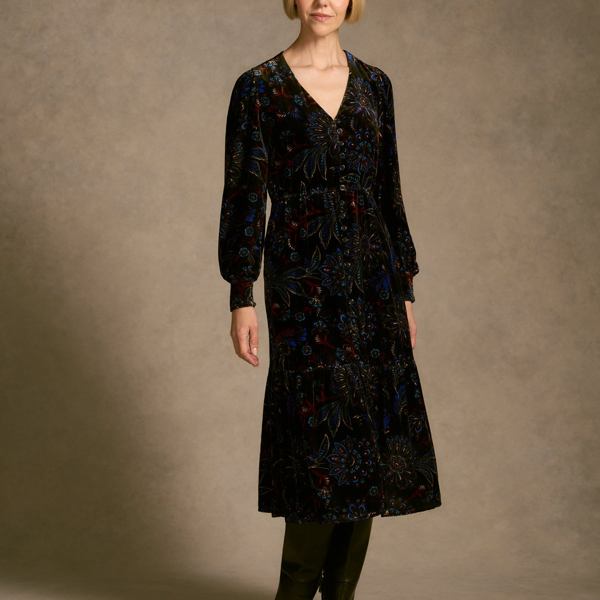 Printed Velvet Tier Dress - Indigo Chintz Print – Blue Illusion