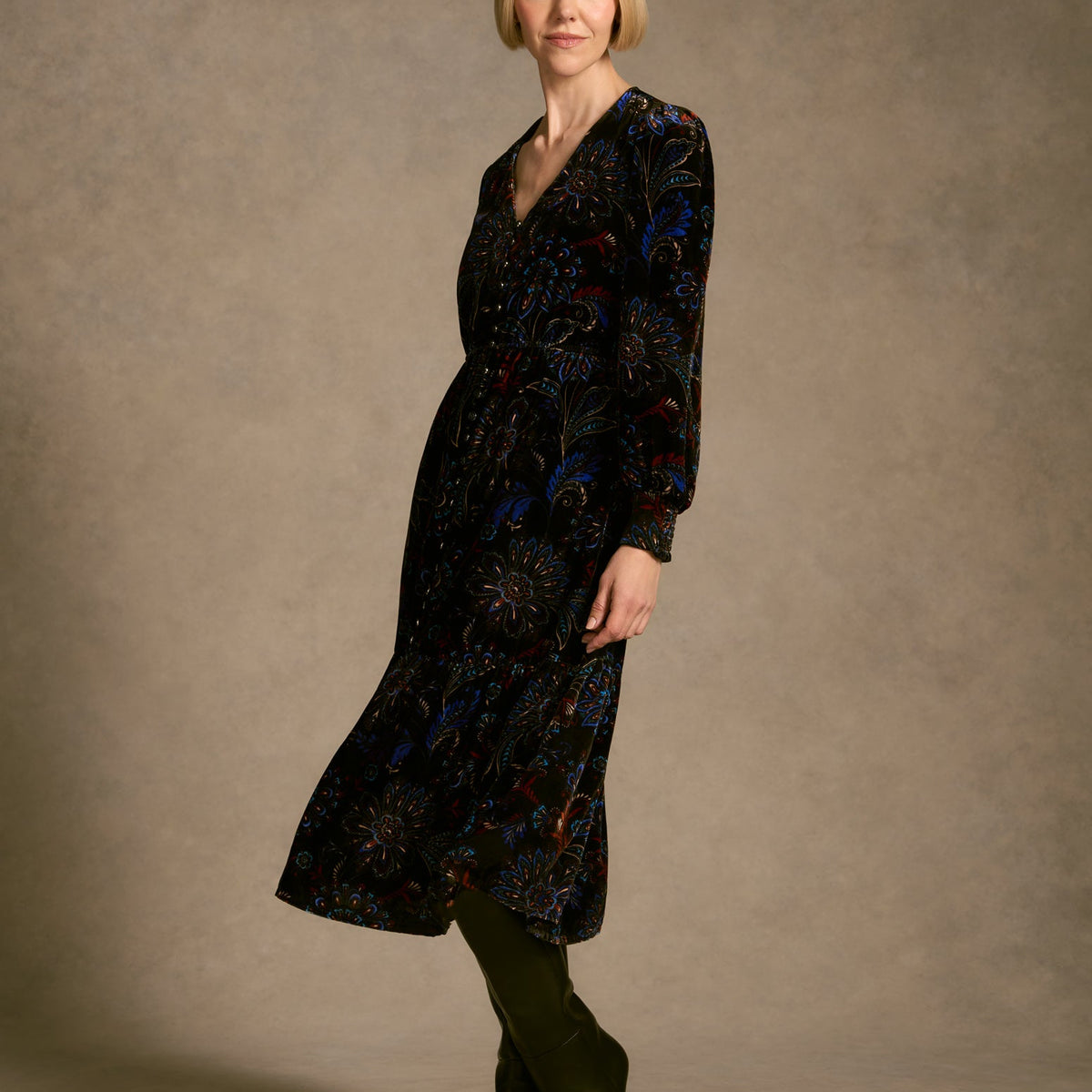 Printed Velvet Tier Dress - Indigo Chintz Print – Blue Illusion